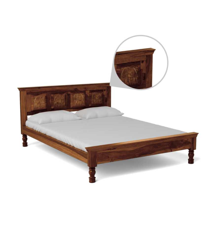 Pipercrafts Sheesham Solid Wood Queen Size Bed In Provincial Teak ...
